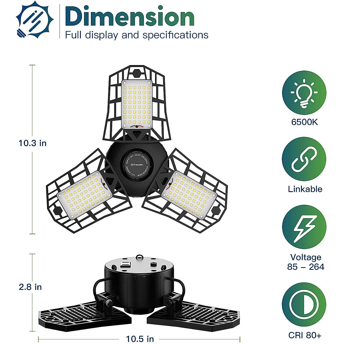 ANYPOWK Plug in Linkable LED Garage Light with ON/Off Switch - 6000 Lumen 6500K Daylight 60W, Three Leaf Led Garage Ceiling Lights, Pack of 2