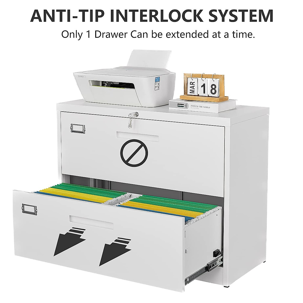 LISSIMO Lateral File Cabinet with 2 Drawer, Locking Filing Cabinet for Home Office,Metal Storage Cabinet for Letter/Legal Size with Anti-tilt Mechanism (White)