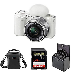 Sony ZV-E10 Mirrorless Camera with 16-50mm Lens, White Bundle with 64GB SD Memory Card, Shoulder Bag, 40.5mm Filter Kit