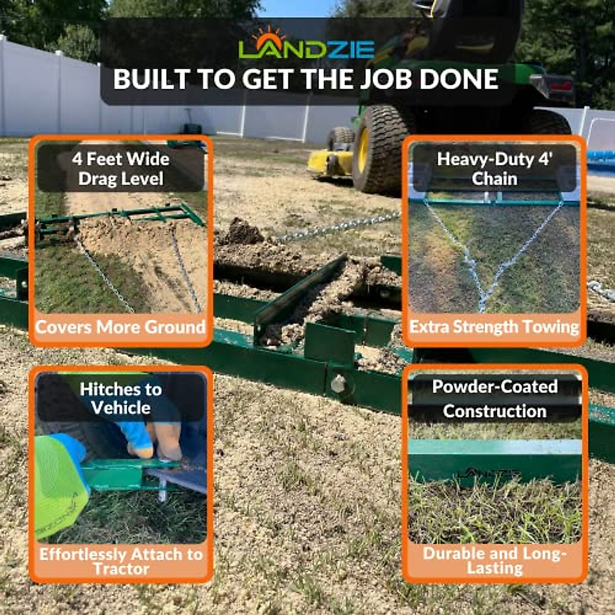 LANDZIE Drag Harrow Driveway Grader Landscape Power Rake for ATV, UTV, Tractor, Mower - 4 Ft Reinforced Steel (Two 2 ft Sections) - Tow Behind Yard Lawn Leveling Tool with 4 Ft Heavy Duty Chain