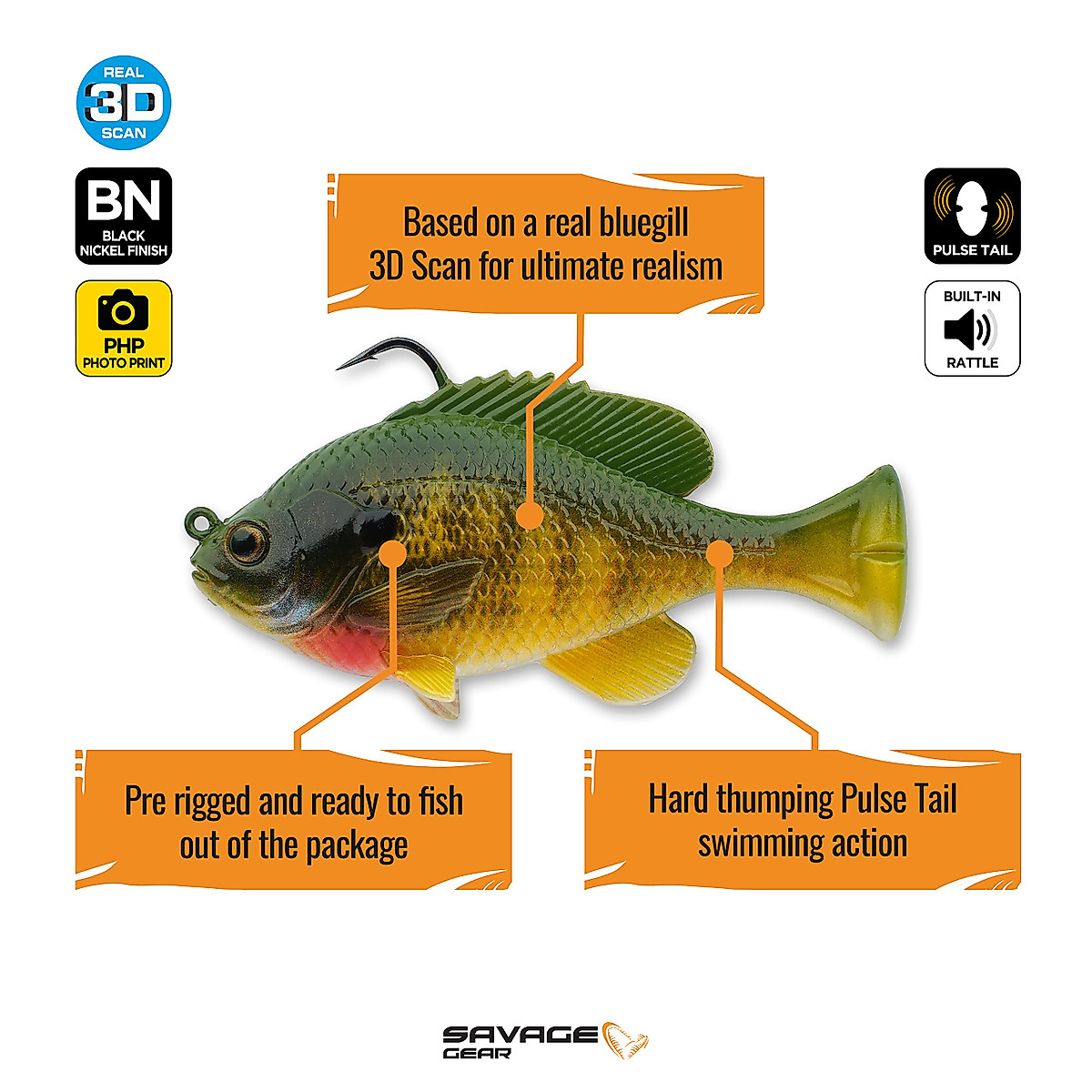 Savage Gear Pulse Tail Bluegill RTF Fishing Bait, 1 oz, Vivid Gill, Realistic Contours, Colors and Movement, Durable Construction, Heavy-Duty Fishing Hook, Built-in Rattle