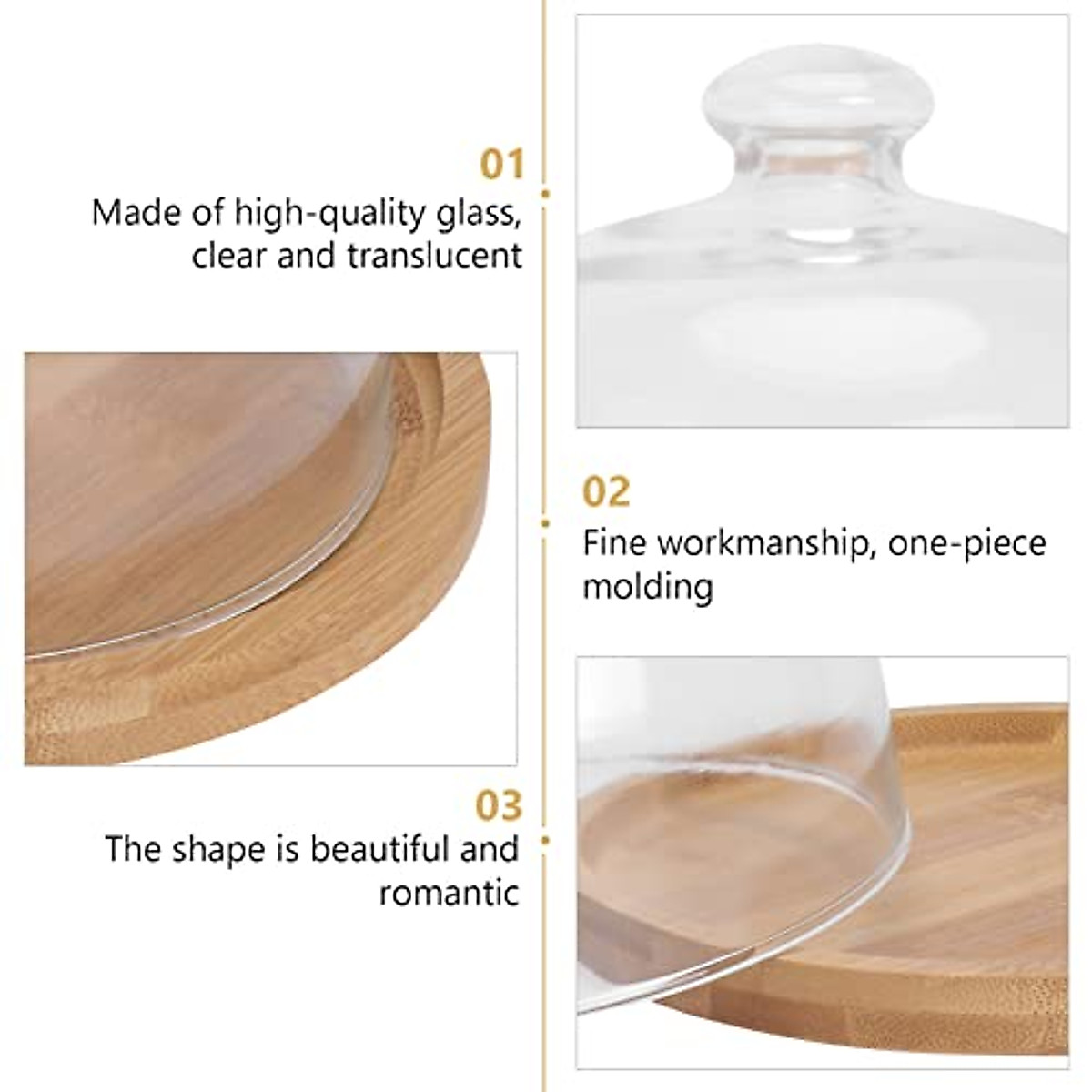 Cabilock Wood Cake Tray with Glass Dome Round Clear Cloche Dome Cake Plate Server Cake Display Cover Glass Cake Pan Cover Food Plate Lid for Cake Dessert Cheese Pastries 6. 5inch