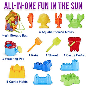 Click N' Play Toddler Beach Toys for Kids 3-10 - 13 Piece Sand Toys Including Sand Bucket, Watering Can, Rake, Shovel, 9 Sand Molds, and Mesh Beach Toy Bag - Beach Sandbox Toys for Toddlers & Kids