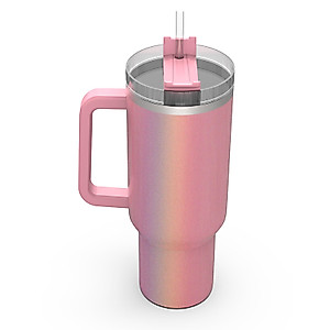 40 oz Rainbow Tumbler with Handle and Straw with lid Stainless Steel Thermos Mug Coffee Cup Outdoor Sports Travel Sippy Mug Gift Sparkling powder (rainbow Pink)