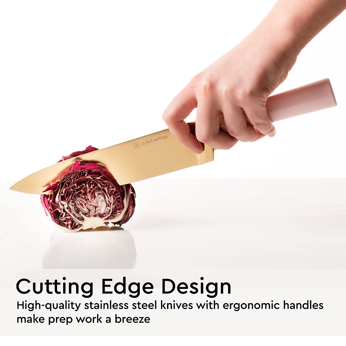 Pink Knife Set with Magnetic Knife Block - 6 PC Pink and Gold Knife Set with Block Includes Pink Kitchen Knife Set & Ashwood Magnetic Knife Holder - Pink Kitchen Accessories