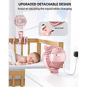 ASNUG Portable Mini Stroller Fan, Battery Operated Small Clip on Fan, Detachable Flexible Tripod Baby Fan with 3 Speed, Rechargeable Personal Fan for Car Seat Crib Treadmill Travel