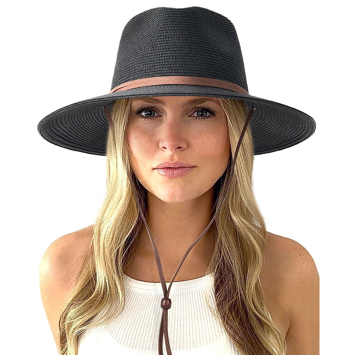 FURTALK Womens Summer Straw Sun Hats Wide Brim Panama Fedora Beach Hat with Wind Lanyard UPF 80+ Black