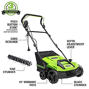 Greenworks 13 Amp 14-Inch Corded Dethatcher / Scarifier, DT13B00