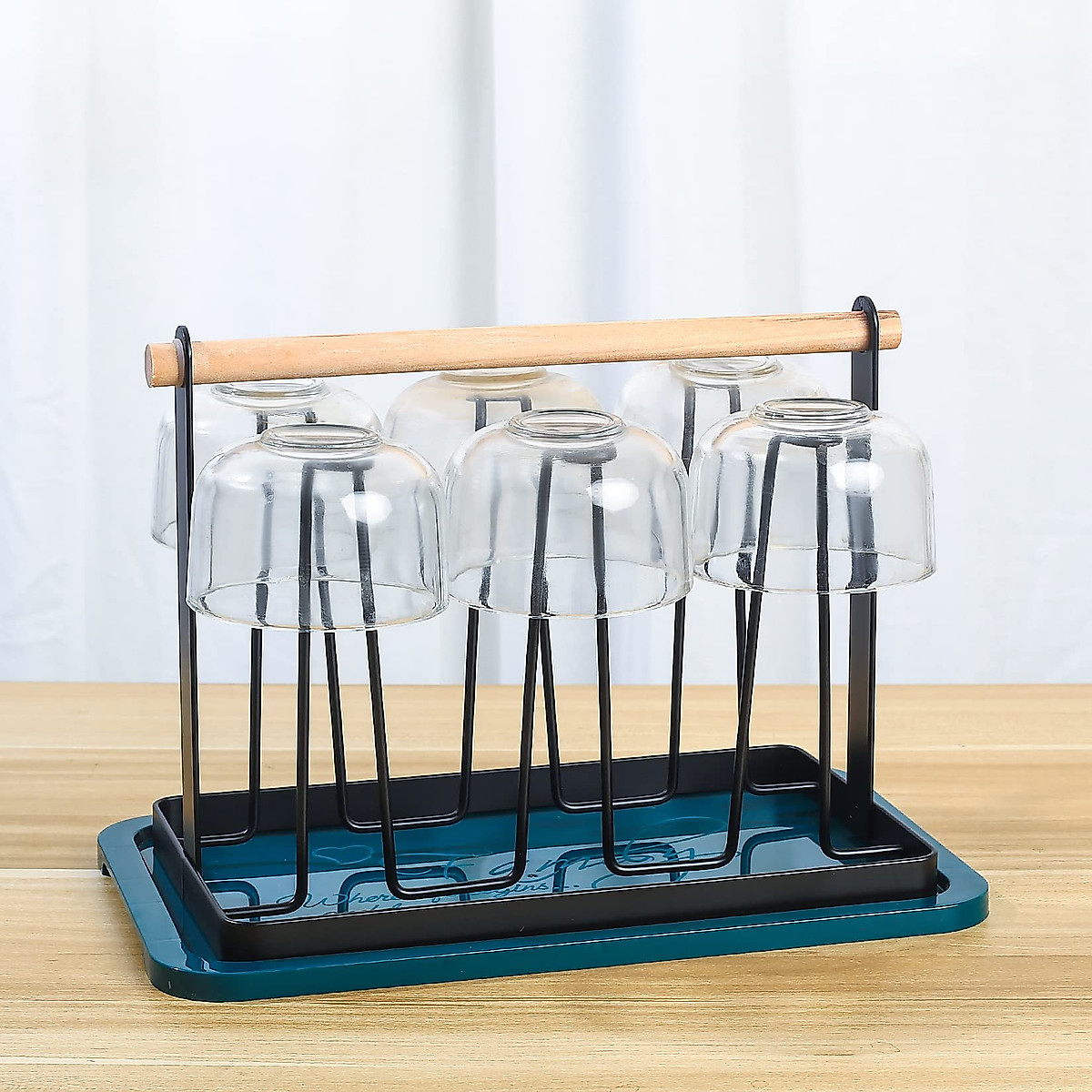 wugongshan Water Bottle Drying Rack, Cup Drying Rack, Coffee Mugs Wine Glass Drying Rack, Tumbler Bottle Drying Drainer Stand with Wood Handle & Removable Draining Tray for Kitchen Countertop