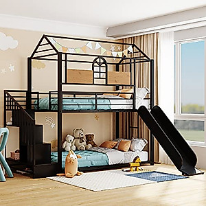 Twin Over Twin Low Bunk Bed with Slide and Stairs House Bunk Bed Metal Frame with Storage Shelves for Kids Boys Girls Teens, Black