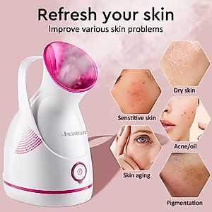 Amconsure Facial Steamer - Nano Ionic Face Steamer Warm Mist Steamer for Face Home Sauna SPA, Face Humidifier Steamer for Facial Deep Cleaning Unclogs Pores Sinuses - 5 Piece Stainless Steel Skin Kit