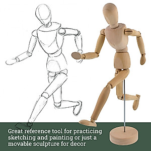 US Art Supply Wood 12" Artist Drawing Manikin Articulated Mannequin with Base and Flexible Body - Perfect for Drawing The Human Figure (12" Male)