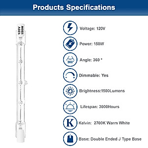 R7S Halogen Bulbs 150W Dimmable 120V 118mm T3 J Type Floodlight Bulb with Long Lifespan, 2700K Warm White Linear Double Ended Light Bulbs for Work, Security, Landscape Lights, Floor Lamps, 5 Pack