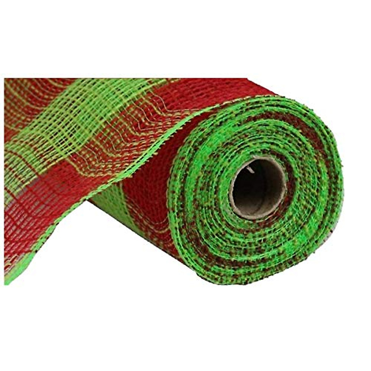 Faux Jute & Large Check Deco Mesh, 10.5 Inch x 10 Yards (Red, Fresh Green)