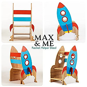 Max & Me Adorable Rocket Ship Toddler Kitchen Stool Helper, Adjustable Height Kitchen Stool for Toddlers. Safe Montessori Stool and Toddler Counter Stand Perfect for Learning and Baking