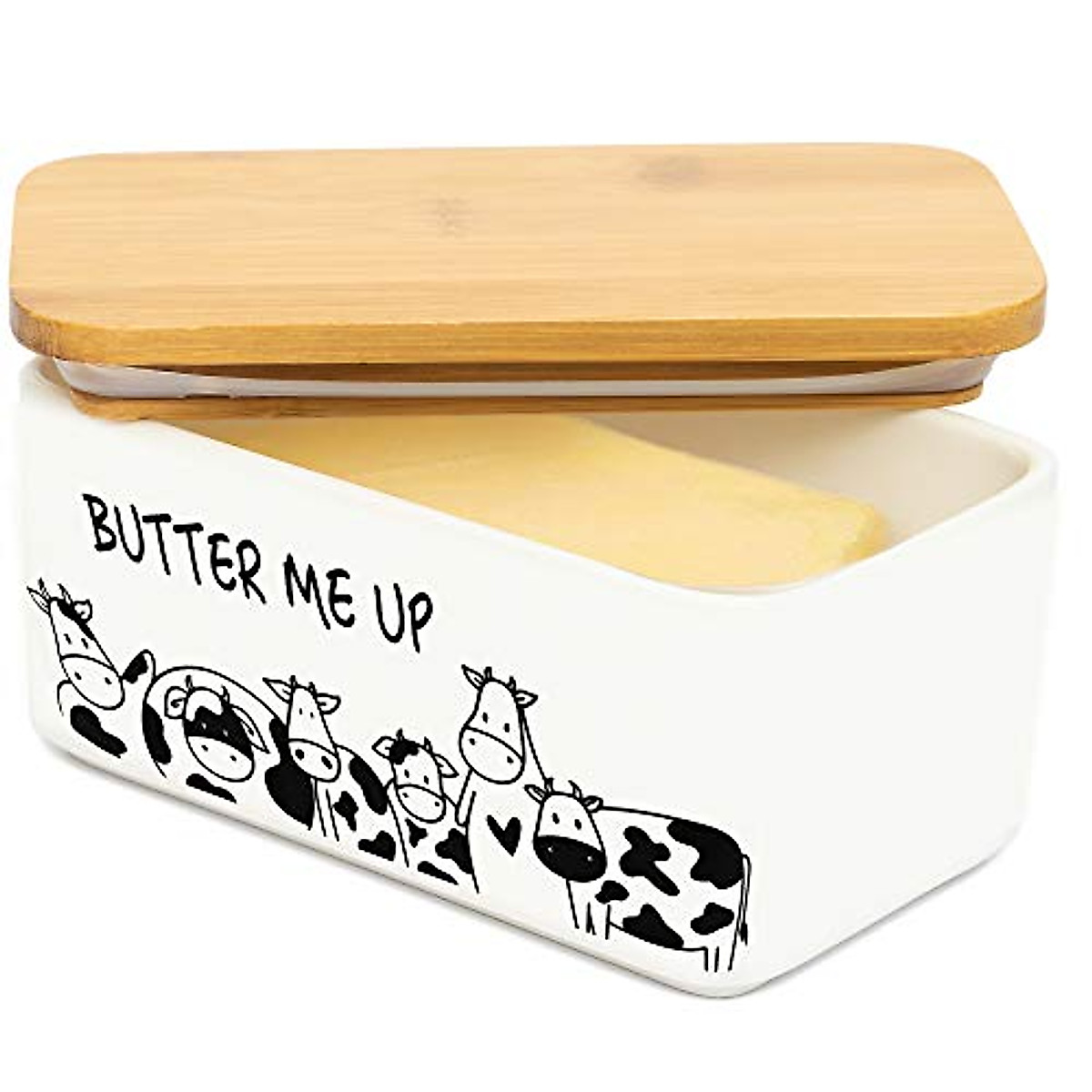 Lumicook porcelain butter dish with lid, Natural bamboo lid, seal included for airtight butter dish, butter holder easily fits 2 sticks of butter (White)