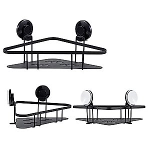 MP PowerGrip RustFree Black Powder Coated Steel Corner Bathroom Shower Shelf, Basket, Caddy Power Suction 4.8 x 5x 3.4 in