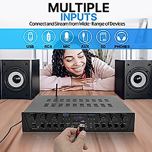 Pyle Wireless Home Audio Amplifier System - Bluetooth Compatible Sound Stereo Receiver Amp - 6 Channel 600 Watt Power, Digital LCD, Headphone Jack, 1/4'' Microphone IN USB SD AUX RCA FM Radio