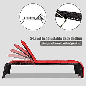 RELAX4LIFE Outdoor Patio Rattan Chaise Lounge, PE Rattan Wicker All Weather Lounge Chair with Adjustable Reclining Backrest and Cushions for Poolside Porch Garden and Backyard (1, Red)