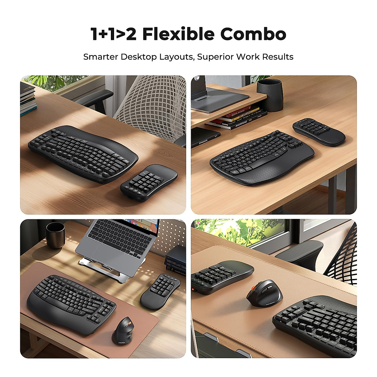 MEETION Ergonomic Wireless Keyboard with Separate Numeric Keypad, Wave Flexible 2-in-1 Setup for Multi-Device, 2.4G/Bluetooth Split Design with Wrist Rest for Accountants/Data Entry/Left-Handed User