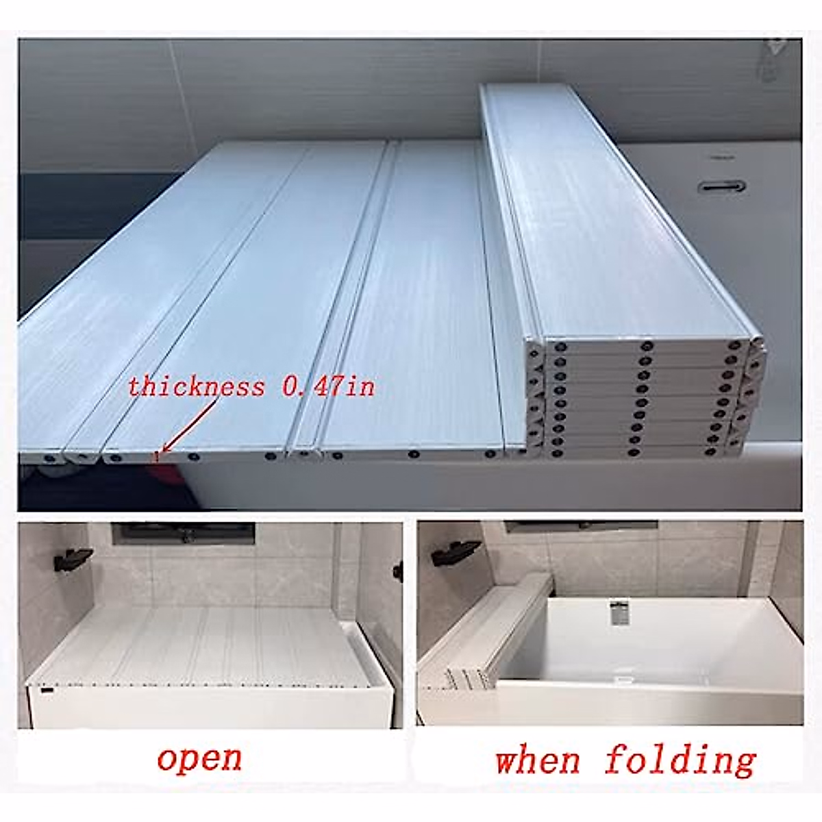 MOGUOBIN Shutter Bath Lid,1.2cm Thickness White Wood Grain PVC Bathtub Tray,Bath Insulation Cover,Foldable Anti-dust Bathtub Cover Bath Insulation Cover,Can Store Wine Glass,Tablets,Books,Cellphones