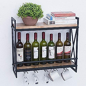 OLDRAINBOW Industrial Wine Racks Wall Mounted with 6 Stem Glass Holder,Rustic Metal Hanging Wine Holder,2-Tiers Wall Mount Bottle Holder Glass Rack (Black, 23.6in)