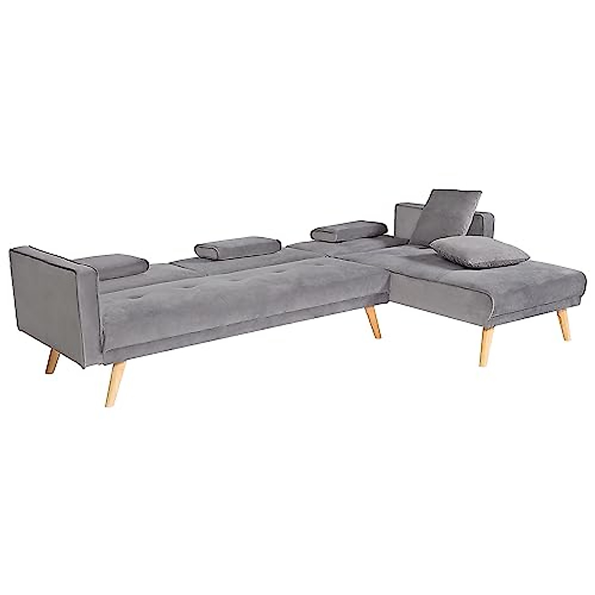 Penifun L Shaped Couch Sectional Sofa 3 seat Set for Living Room, 104.5" W 3 Seater Right Chaise Lounge, Convertible Folding Futon Bed Sleeper with 3 Pillows & 3 Backrest Settings-120°/150°/180°, Gray