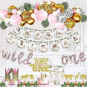 Wild One Birthday Decorations for Girl, 1st Birthday Girl Decorations Supplies Kit, Wild One Monthly Photo Banner, Boho Floral Wild One Balloon Garland, 1st Birthday Crown, Cake Toppers, Birthday Sign