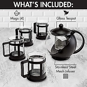 Primula Half Moon Teapot Set with 4 Tea Cups, Removable Stainless Steel Filter and Infuser, Glass Tea Maker, Filter, Dishwasher Safe, 40-Ounce, Tea Gift Set, Tea Set for Service of 4 Adults