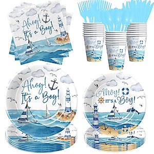 Suhelkit Ahoy Its A Boy Baby Shower Decorations Tableware - Nautical Baby Boy Decorations, Plate, Cup, Napkin, Disposable Cutlery, Anchor Nautical Party Supplies For Sailor Boat Baby Shower | 24 Guest