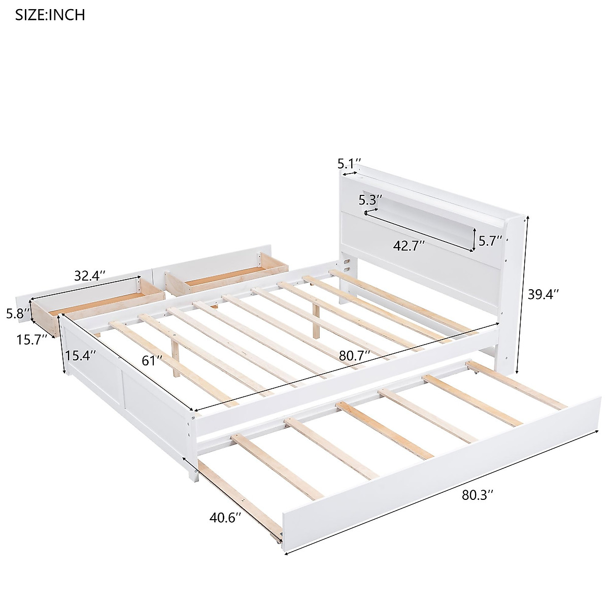 Okak Queen Size Bed Frame with Trundle - Wood Platform Bed with LED Lights Headboard 2 Storage Drawers and Twin Trundle Bed,White