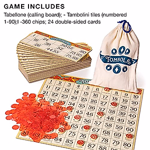 Brybelly Tombola Bingo Board Game | The Italian Game of Chance for Family, Friends and Large Parties Up to 24 Players | Includes Calling Board, 90 Tombolini Tiles, 24 Double-Sided Cards and 360 Chips