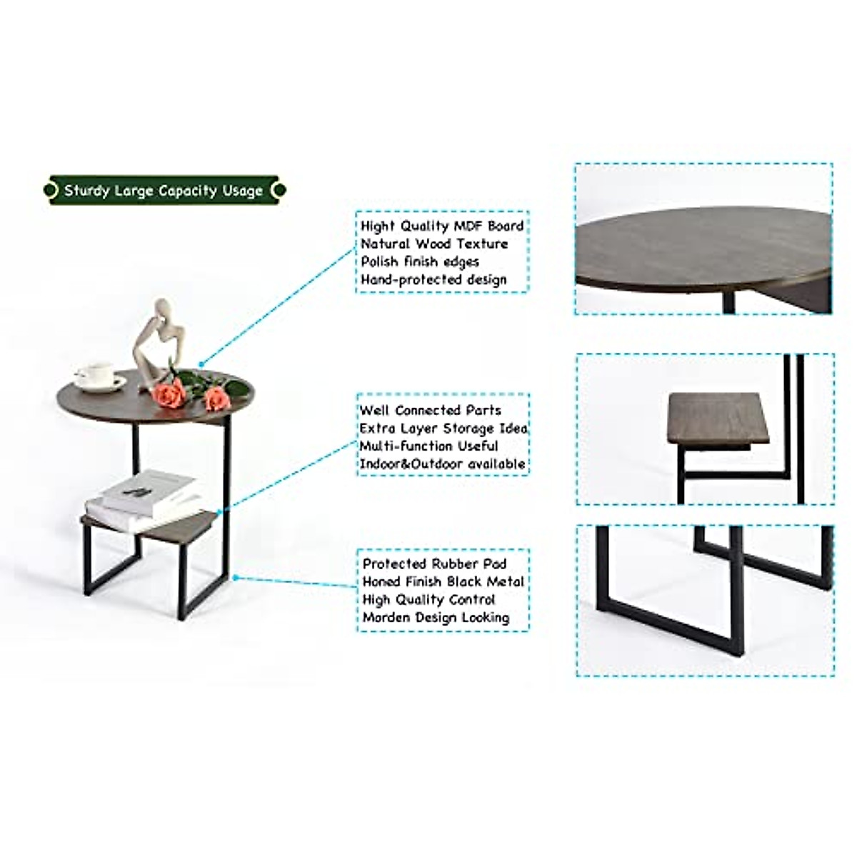 Nohle End Table for Living Room, Accent Table Round 2-Tier Tables with Storage,Small Nightstand,Black Metal Side Table H20in.