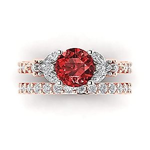 Clara Pucci 2.82ct Round cut Solitaire 3 stone Natural Red Garnet Designer Art Deco Statement Wedding Ring Band Set 18K Rose White Gold 6