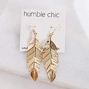 Humble Chic Floating Feathers Dangle Earrings - Long Hanging Metal Link Leaf Drops, Gold