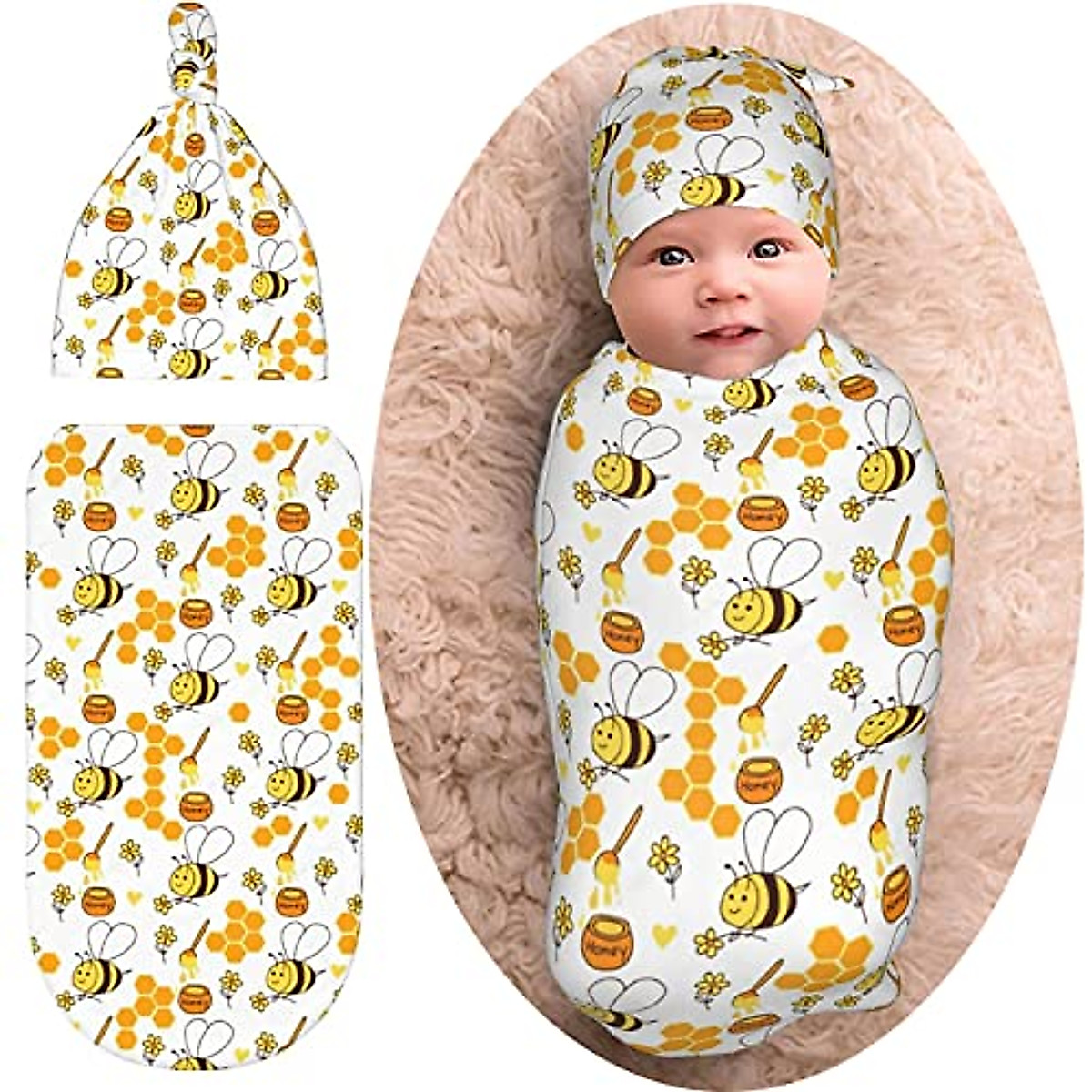 Honey Bee Baby Stuff Swaddle Blanket Hat Set,Soft and Stretchy Infant Receiving Blanket for Newborn, Swaddle Sack Wrap for Boy/Girl