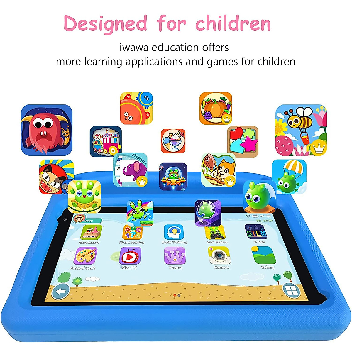 GOODTEL Kids Tablet Android 7 inch for Kids with 128GB Extended Memory, Installed Parental Control Mode Puzzle Game IPS HD Display, Toddler Tablet with Shock-Proof Case, Great Gift - Blue