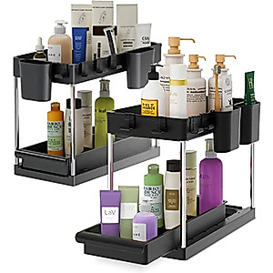 2 PACK Under Sink Organizer Rack 2 Tier Under Sliding Cabinet Basket Organizer Drawer With Bathroom Cabinet Storage Drawer With 4 Hooks