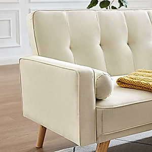 ERYE Upholstered Futon Daybed Modern Convertible Loveseat Sofa Soft Convenient Nap Sleeper Couch Bed for Home Office Apartment Furniture Sets Love Seats, Beige Linen Tufted 2 Pillows Flared Legs