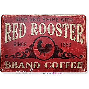 Vintage Metal tin Sign Coffee Red Rooster Sign Exterior Home Cave Garage bar Country Wall Decoration Retro Aluminum Sign 8"x12" Inch