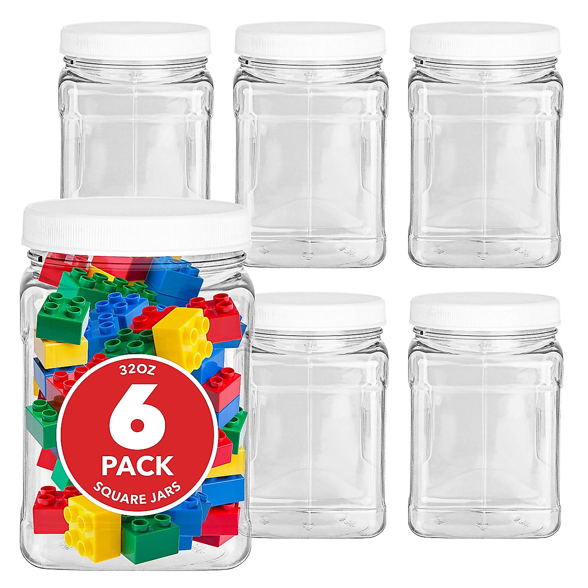 Stock Your Home Plastic Storage Jars (6 Pack) - 32 Oz Square Plastic Canisters with Lids - Shatterproof Plastic Storage Jars with Lids - Reusable Wide Mouth Clear Plastic Containers with Lids