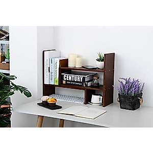 Desktop Organizer wood Office Storage Rack Adjustable Extendable Natural Wood Desktop Organizer Display Shelf Stand Rack Desk Organizer Countertop Shelf Bookcase Expandable Storage Office Home (Brwon)
