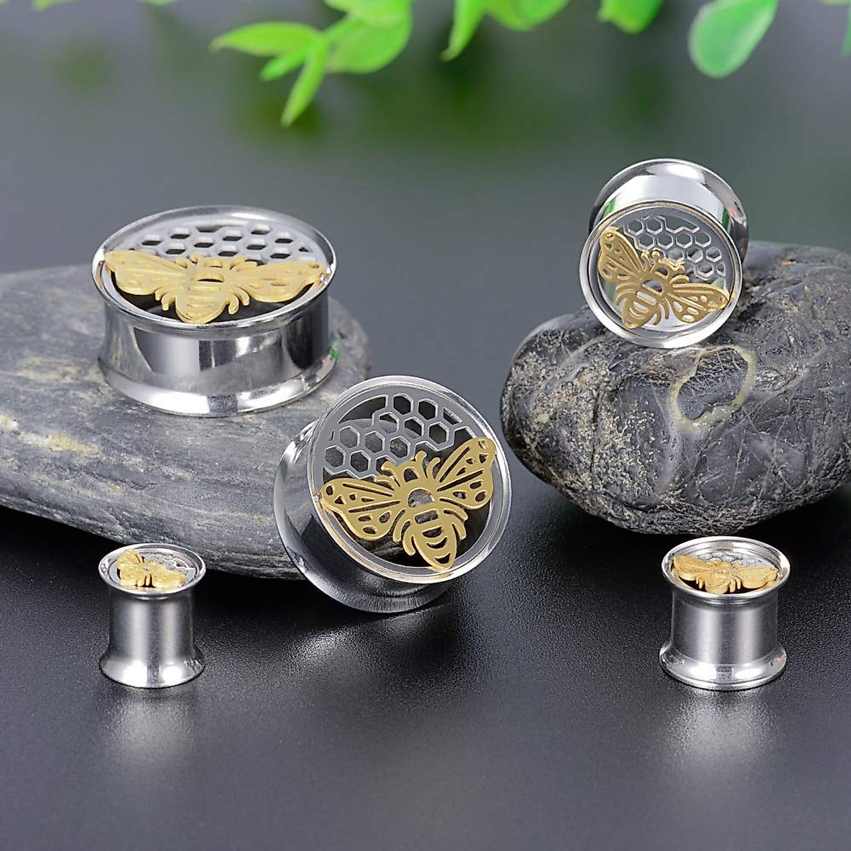 COOEAR Stainless Steel Honeybee Ear Gauges Double Flared Tunnels for Ears Piercing Unscrew Ear Stretchers.