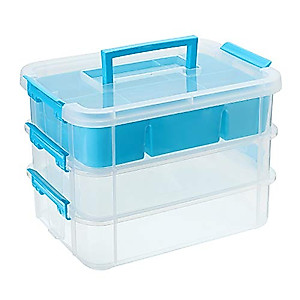 BTSKY 3 Layer Stack & Carry Box, Plastic Multipurpose Portable Storage Container Box Handled Organizer Storage Box with Removable Tray for Organizing Sewing, Art Craft, Supplies Blue