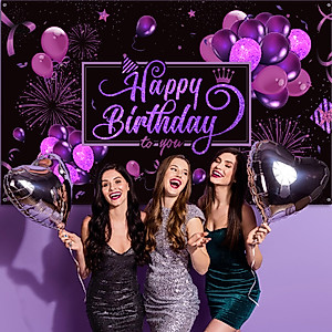 Blulu Happy Birthday Backdrop Banner Sign Poster Large Fabric Glitter Balloon Fireworks Sign Photo Backdrop Background for Birthday Party Decoration Supplies, 72.8 x 43.3in(Black and Purple)