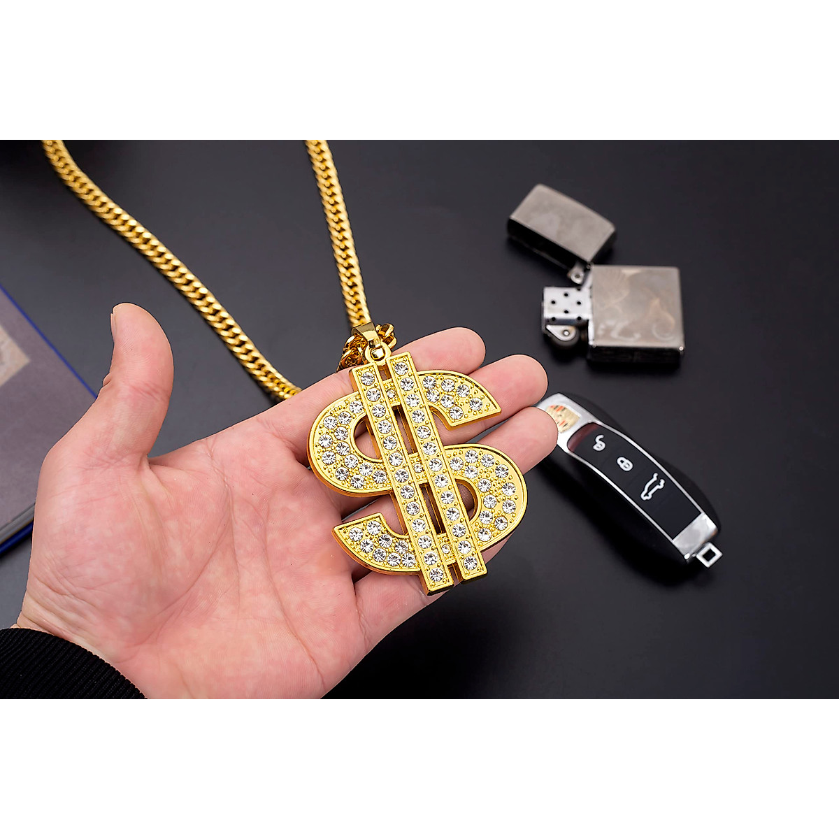 HUITIAN INTL Gold Chain with Dollar Sign Big Money Necklaces for Men Women Stainless Steel Rhinestone Jewelry Fashion Pendants with 28 Inches Cuban Chain (Gold)Spinner Dollar Sign Necklaces 36 Inches