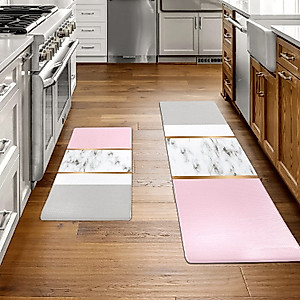 FNLNDO Pink Kitchen Rugs and Mats for Floor White Grey Marble Anti Fatigue Kitchen Rugs Set of 2 Modern Art Non-Skid Washable Kitchen Mats for Kitchen Sink Laundry (Pink, 17.5"x29.5"+17.5"x47")