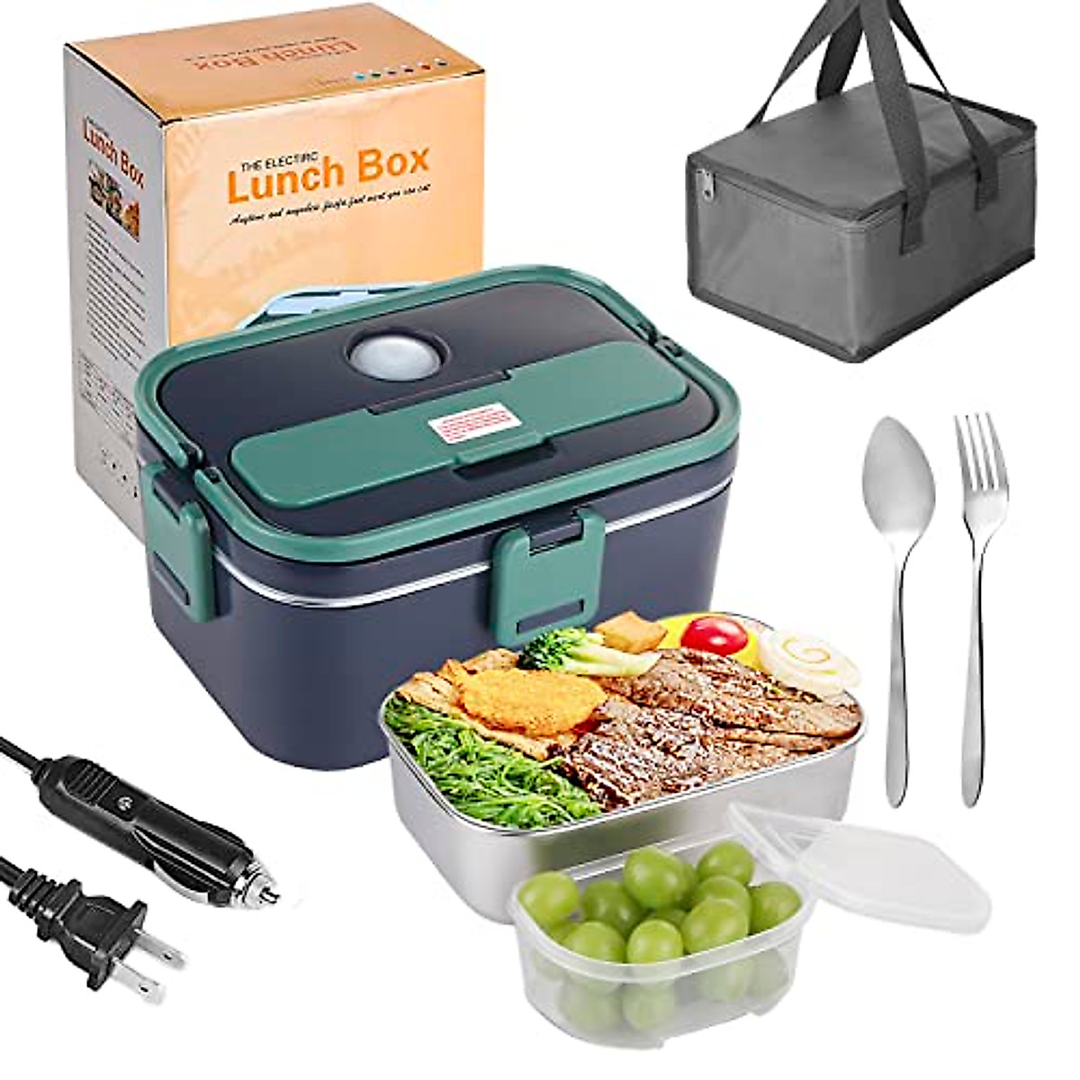Liangding Electric Lunch Box Food Heater, Upgrade 70W 1.8L Faster Food Warmer 12V 24V 110V Portable Heated Lunch Boxes for Car/Truck/Home Self Heating Box with Carry Bag and Fork & Spoon