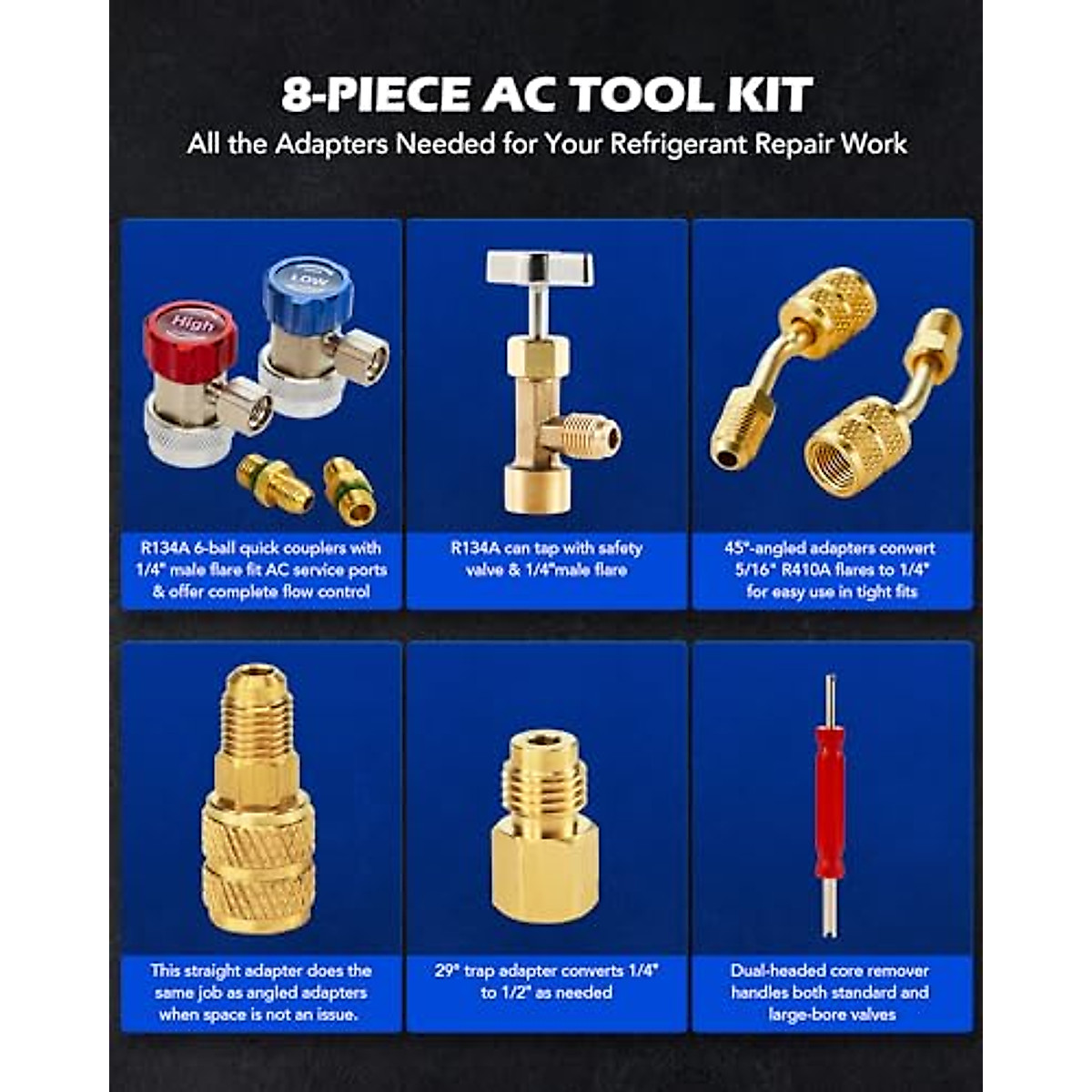 Orion Motor Tech AC Adapter Tool Kit, 8-Piece AC Gauge Hose Conversion Adapters Including R134A Can Tap, R134A Quick Couplers, R410 Adapters, Tank Adapter and Valve Core Remover