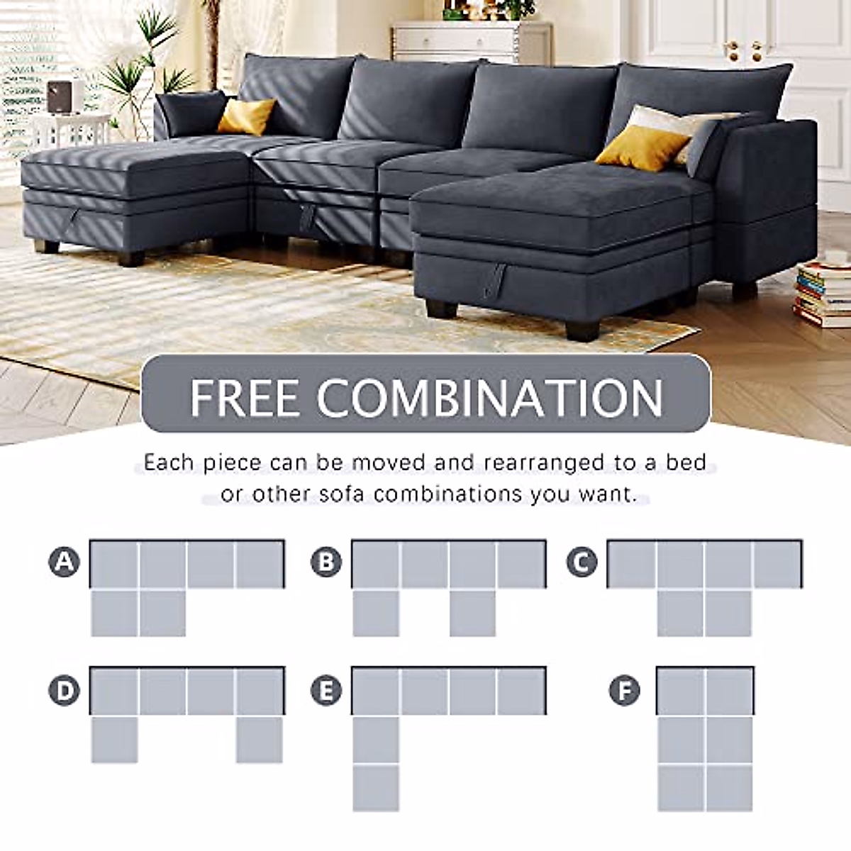 Eafurn U Shaped Modular Sectional Sofa with Double Chaise and Storage Seat,115" Upholstery Corner Couch with Comfy Cushion Back,Oversized Convertible Sleeper Sofa & Couch Bed for Living Room